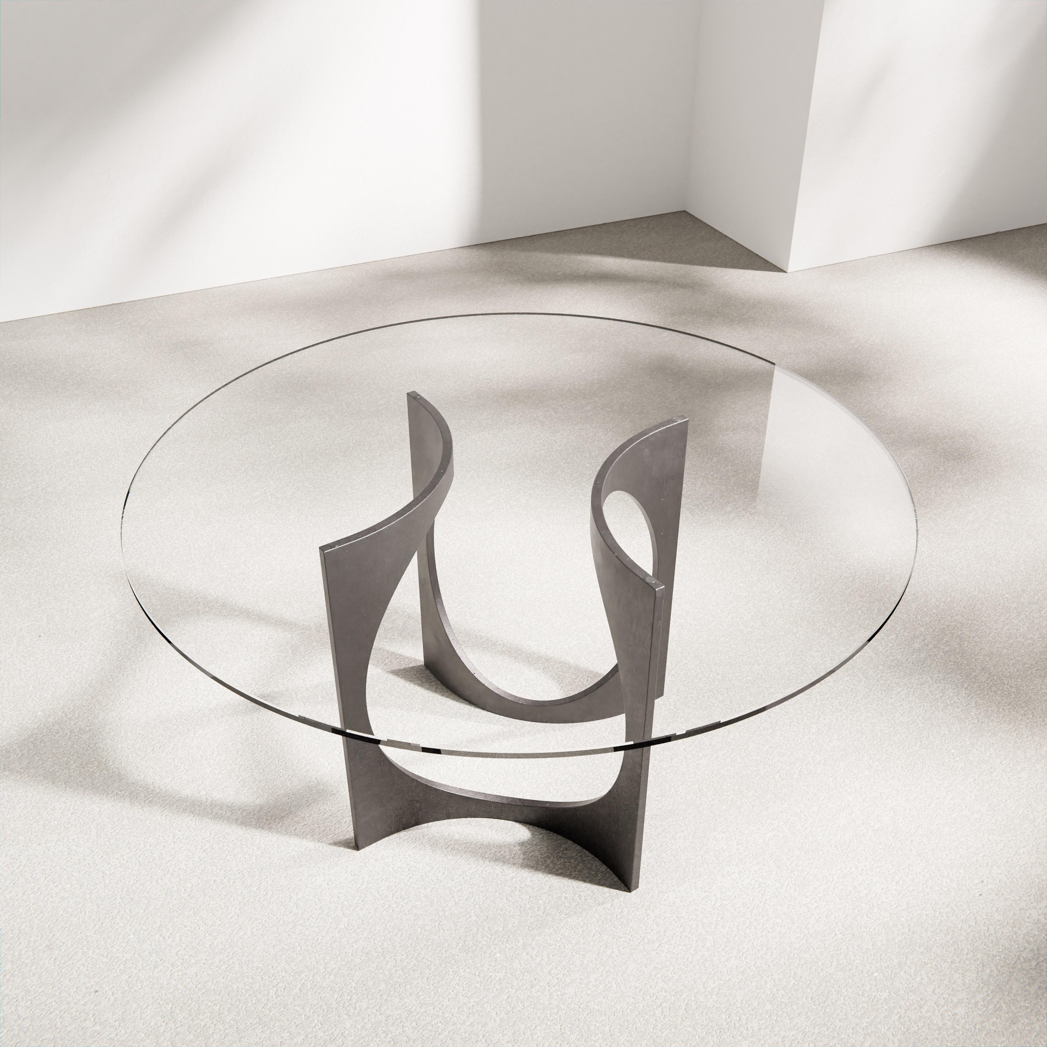 Fuga Cast Iron 140 cm Round Dining table - Glass top - Metamorphic Art Studio For Sale at 1stDibs