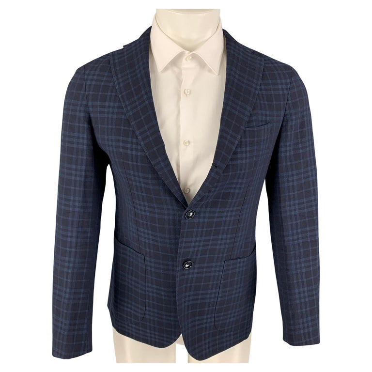 FUGATO for SHIPS Size 36 Navy Blue Plaid Flax Wool Sport Coat For Sale ...