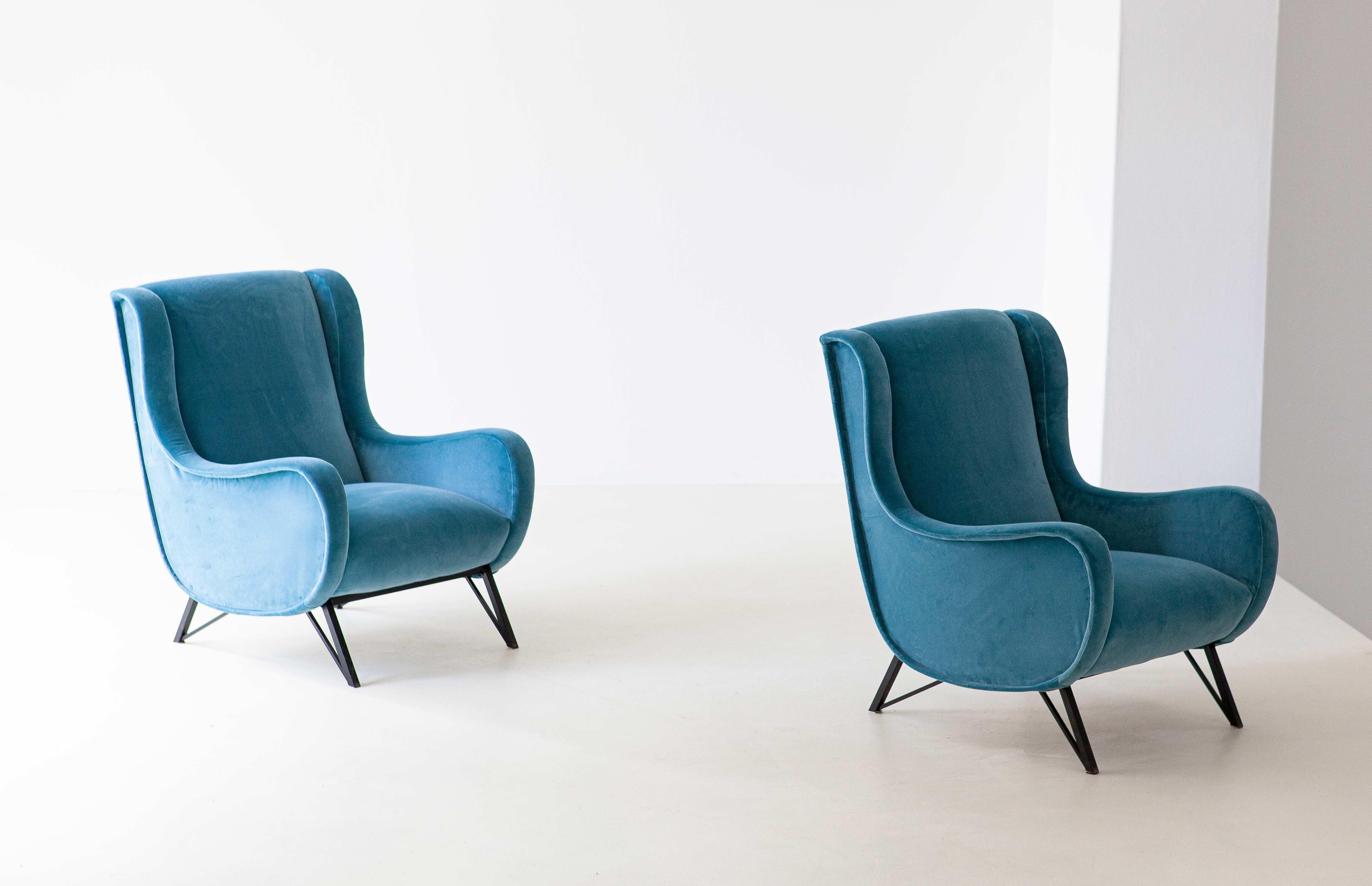 Fully Restored Pair of Rare Italian Light Blue Velvet Lounge Chairs at ...