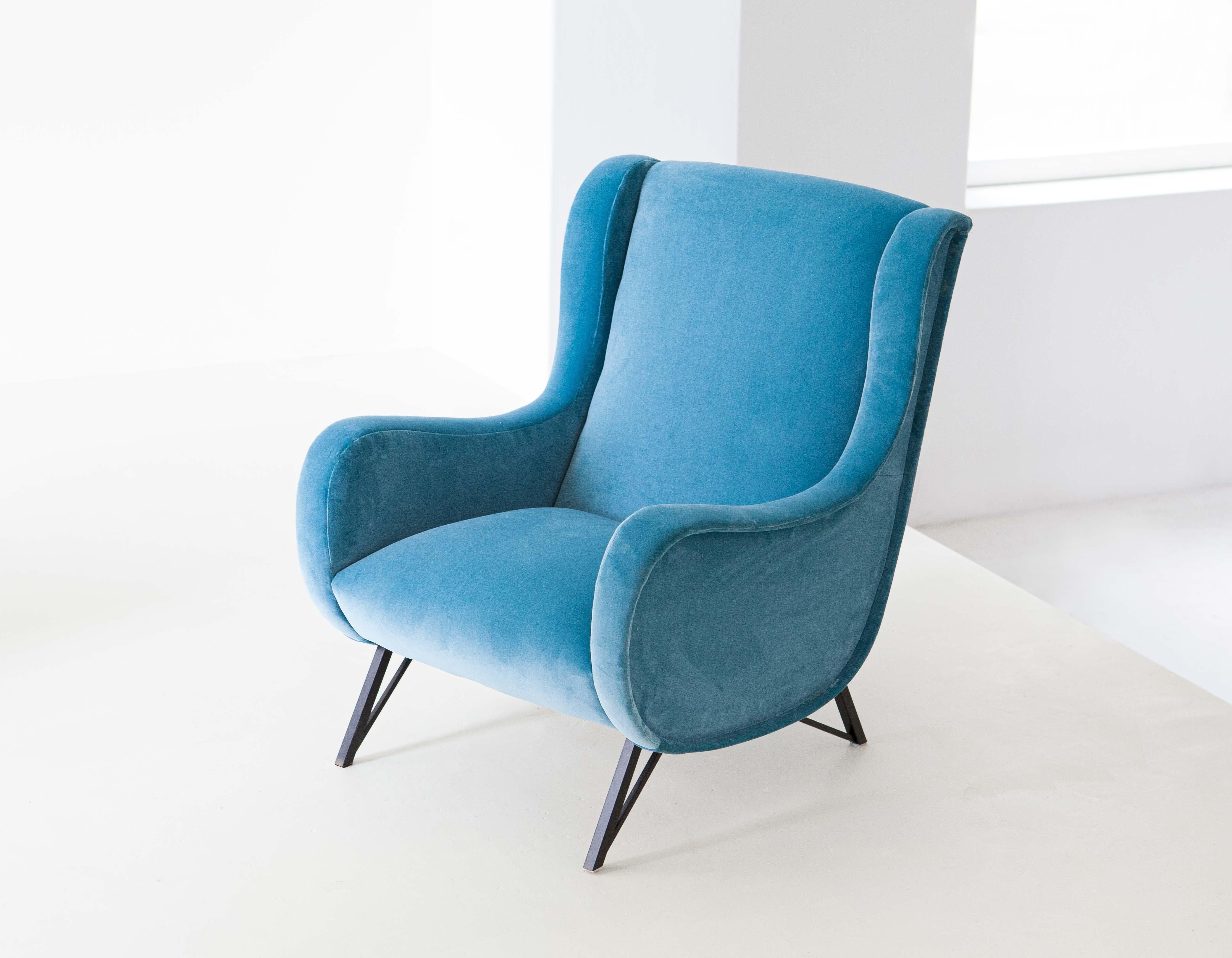 Fully Restored Pair of Rare Italian Light Blue Velvet Lounge Chairs at ...