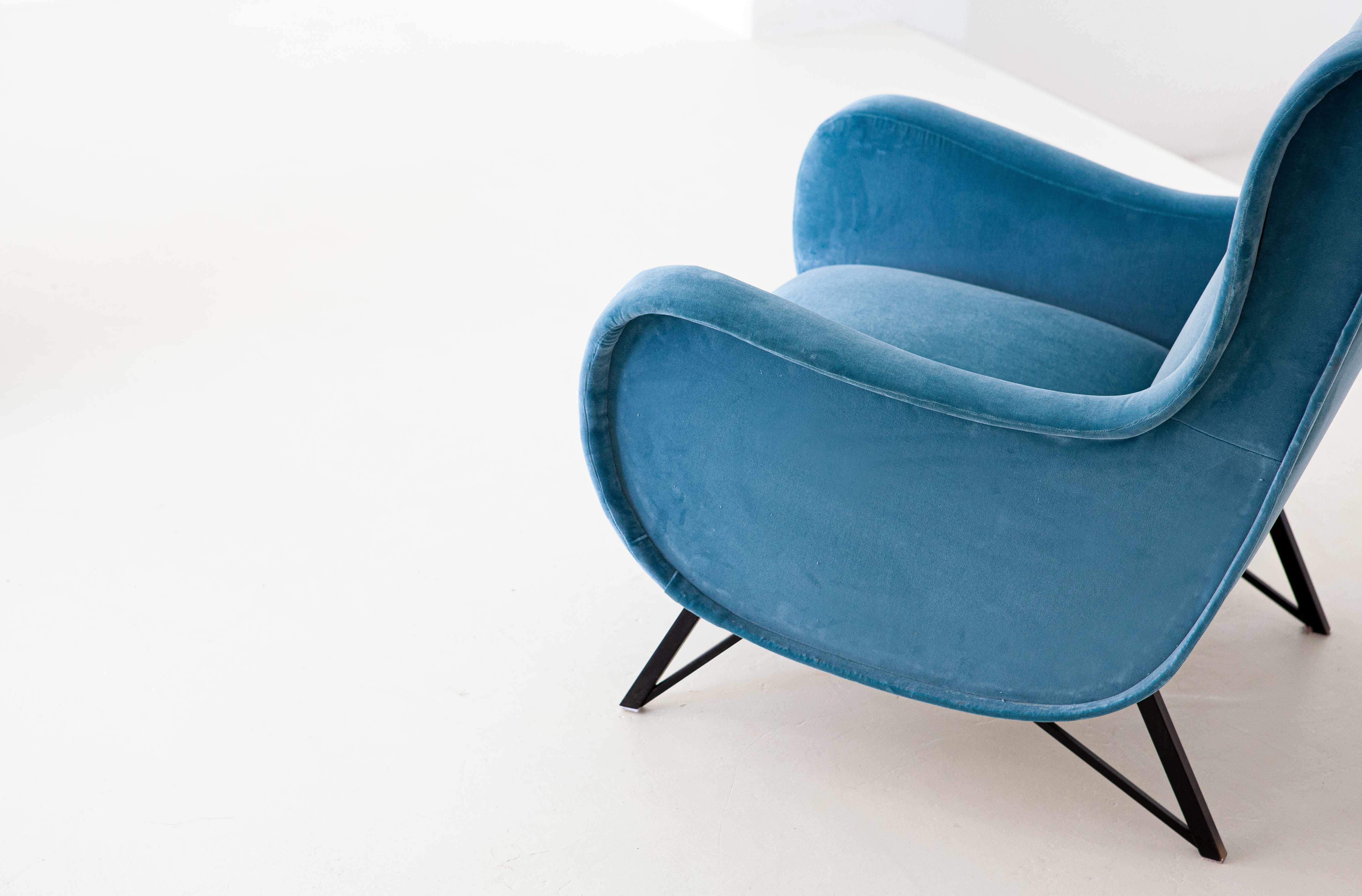 Fully Restored Pair of Rare Italian Light Blue Velvet Lounge Chairs at ...
