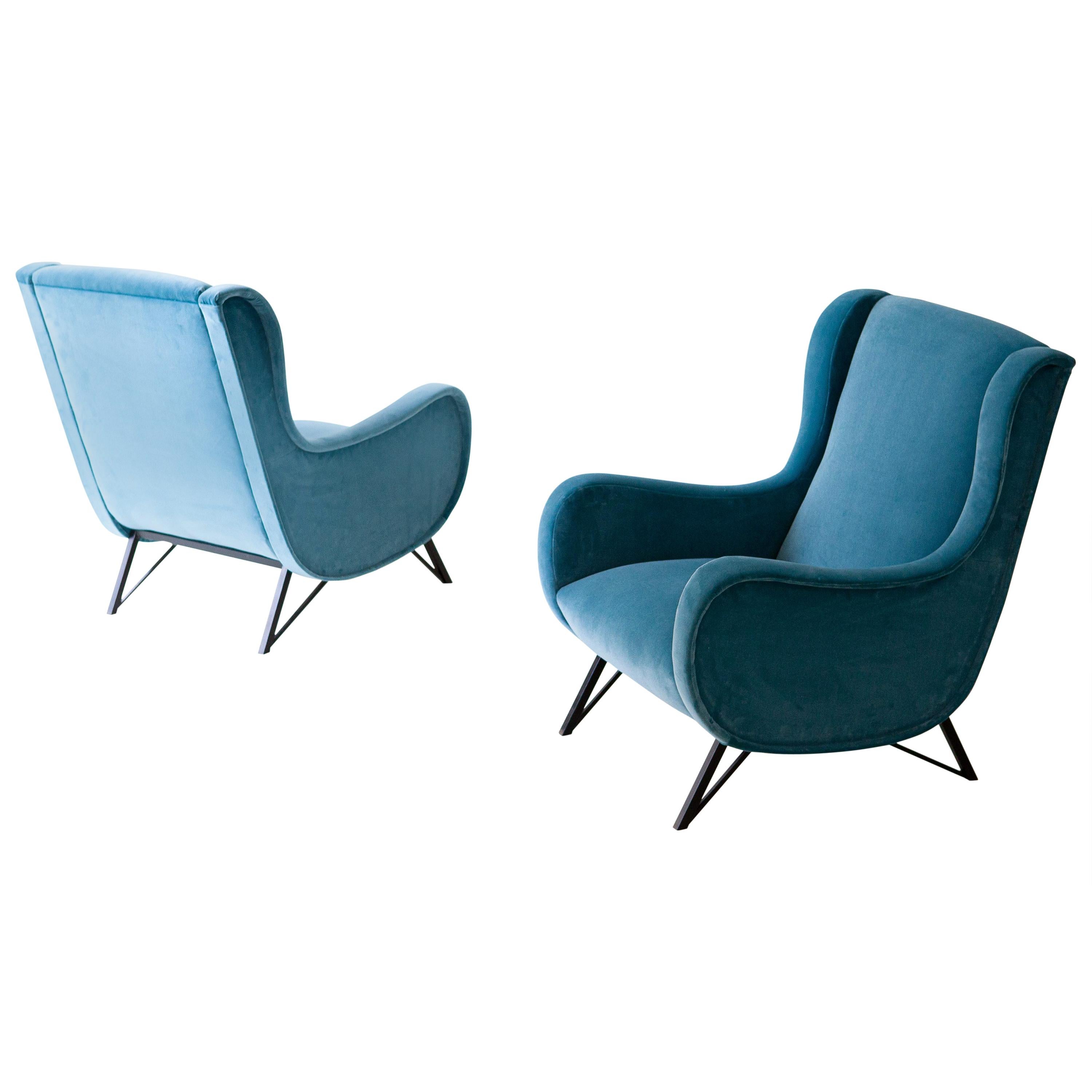 Fully Restored Pair of Rare Italian Light Blue Velvet Lounge Chairs at ...