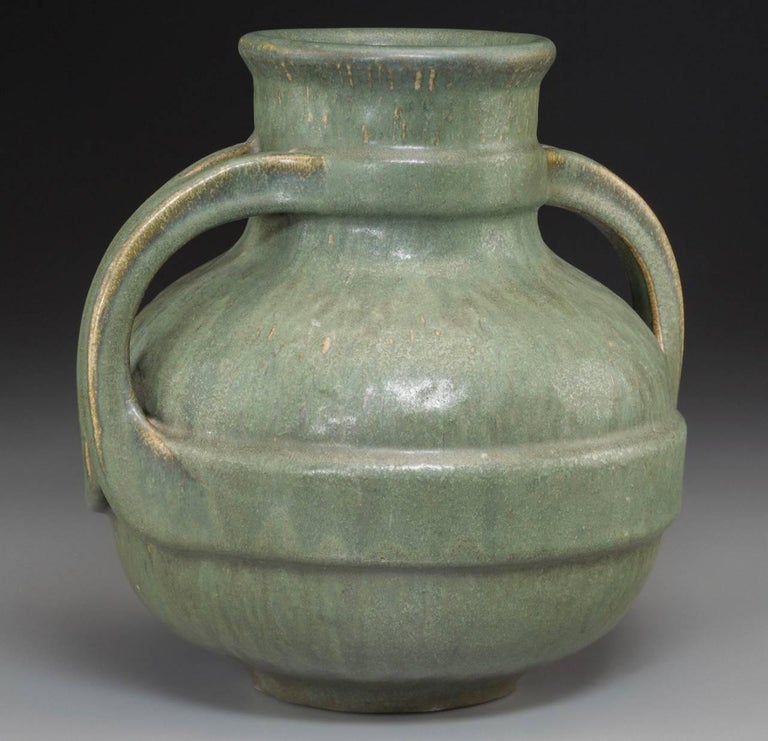 Fulper Arts and Crafts Hammered Green Split Strapped Handled Vase, 1900 ...