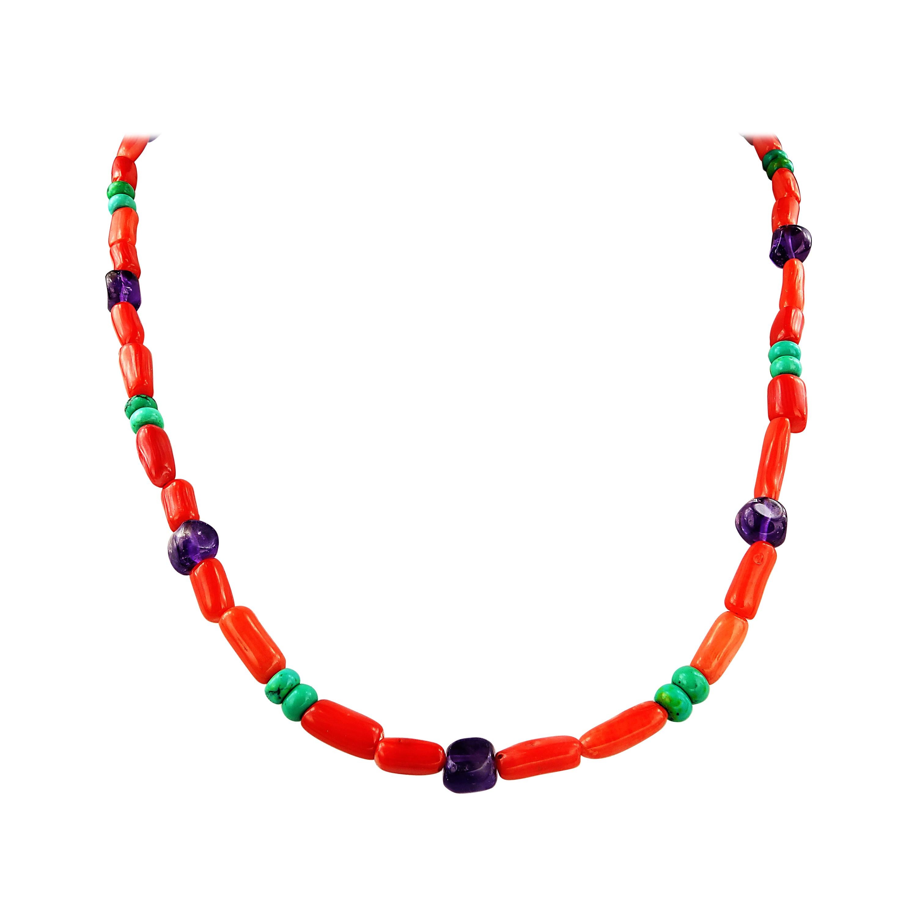 Fun Necklace of the Coral, Turquoise, and Amethyst at 1stDibs