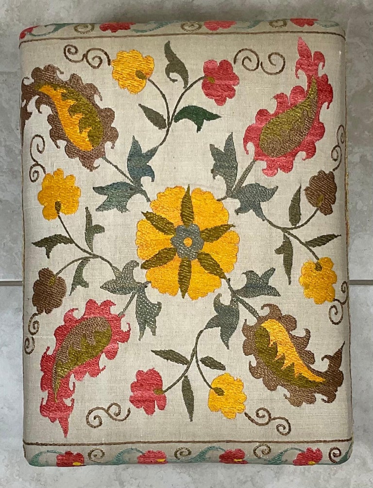 Funky Hand Embroidery Suzani Upholstered Foot Stool For Sale at 1stDibs