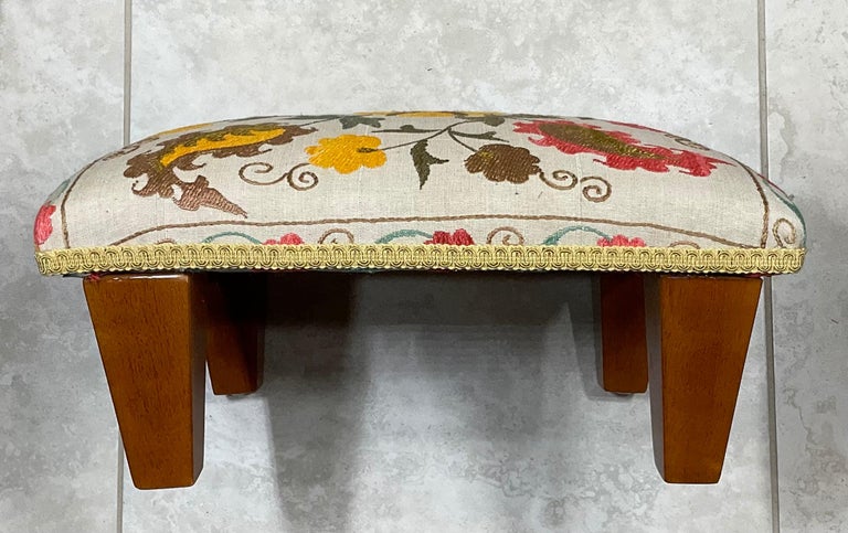Funky Hand Embroidery Suzani Upholstered Foot Stool For Sale at 1stDibs