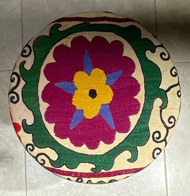 Funky Vintage Suzani Upholstered Drum Wood Stool For Sale at 1stDibs