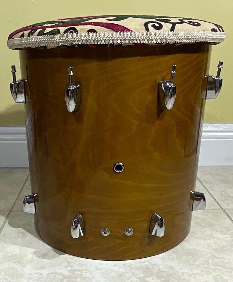 Funky Vintage Suzani Upholstered Drum Wood Stool For Sale at 1stDibs