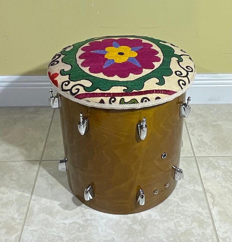 Funky Vintage Suzani Upholstered Drum Wood Stool For Sale at 1stDibs