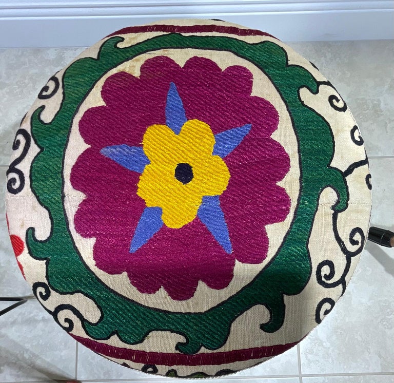 Funky Vintage Suzani Upholstered Drum Wood Stool For Sale at 1stDibs