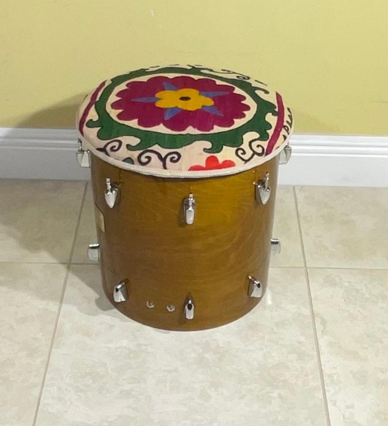 Funky Vintage Suzani Upholstered Drum Wood Stool For Sale at 1stDibs