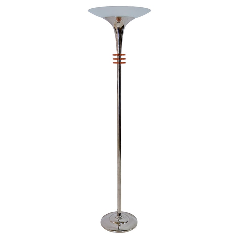 Funnel Shaped French 1930s Art Deco Floor Lamp in Chrome with Orange ...