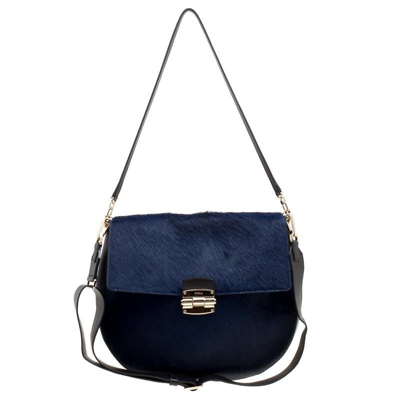 Furla Blue/Black Hair On and Leather Medium Club Shoulder Bag For Sale ...
