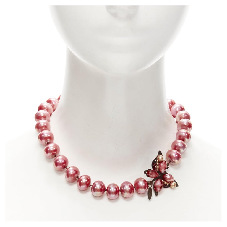 FURLA metallic pink faux pearl crystal antique butterfly necklace ...