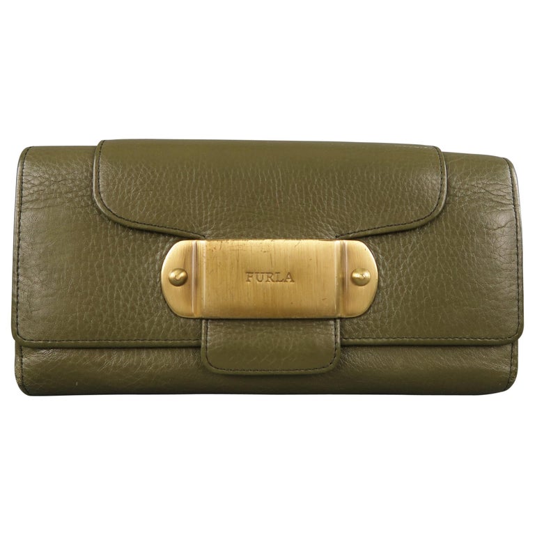 FURLA Olive Green Leather Gold Plate Snap Checkbook Wallet For Sale at ...