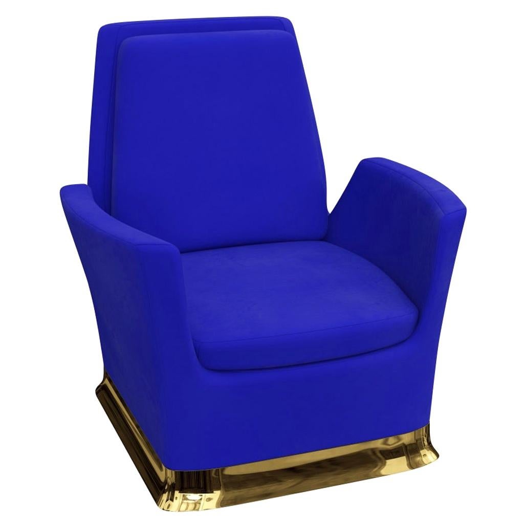 Sloped-Arm Lounge Chair in Blue Velvet, circa 1960s at 1stDibs