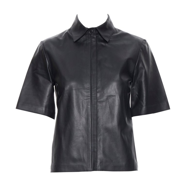 G. Label GOOP Taylor black genuine leather zip front short sleeve shirt ...