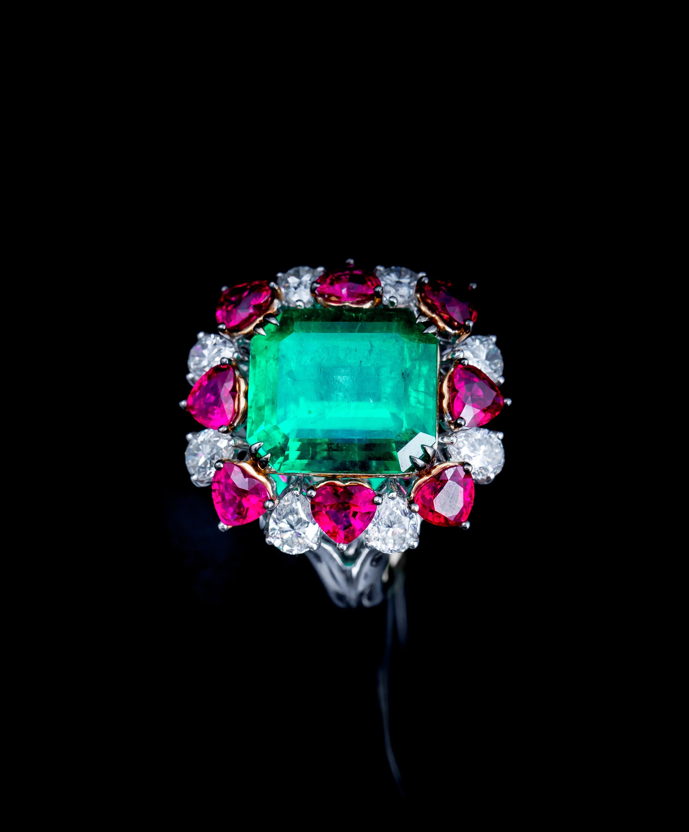GA Certified 17.26 Carat Emerald, Ruby and Diamond 18K Gold Cocktail ...