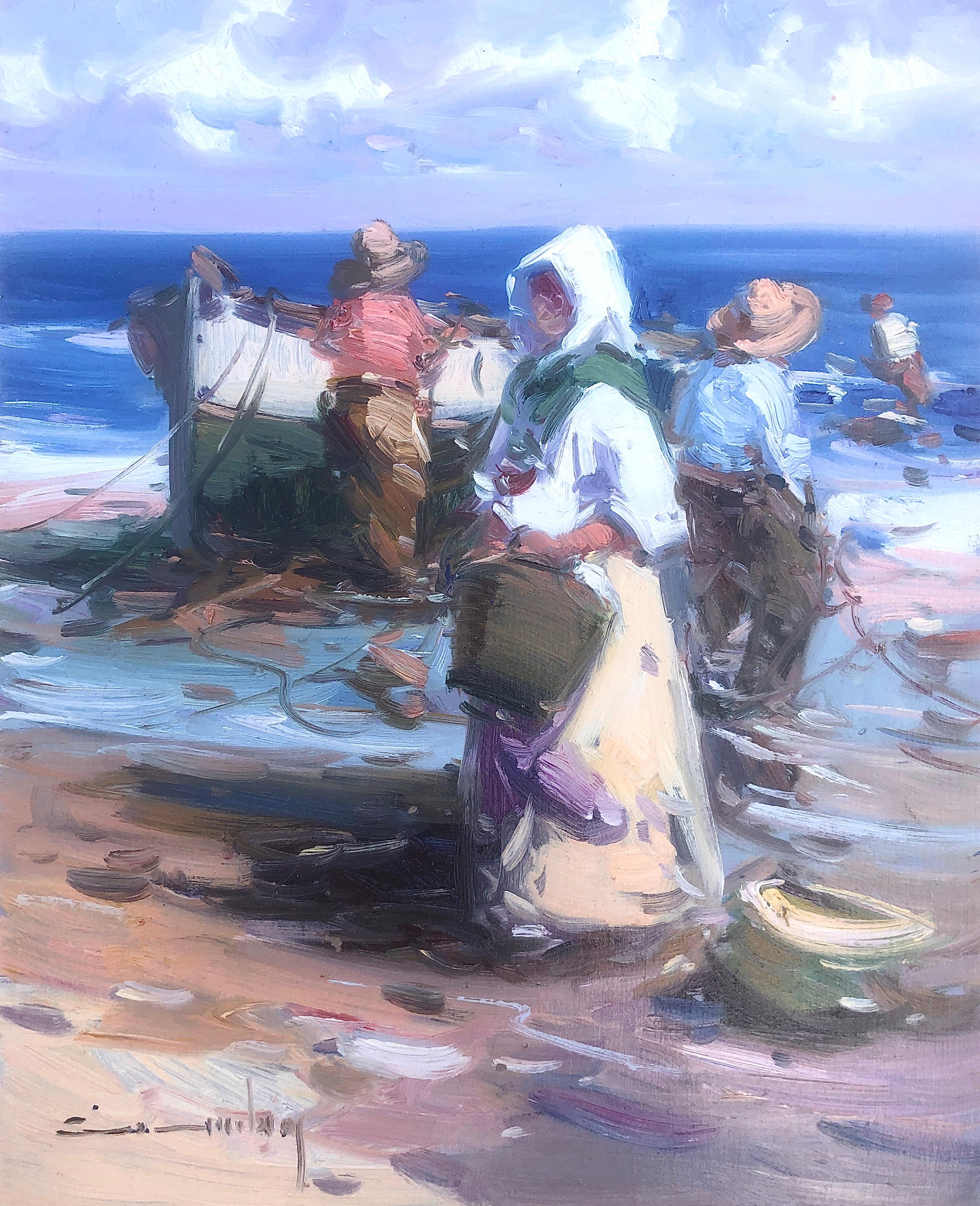 Gabriel Casarrubios - Spanish fishermen on the beach Spain oil on board ...