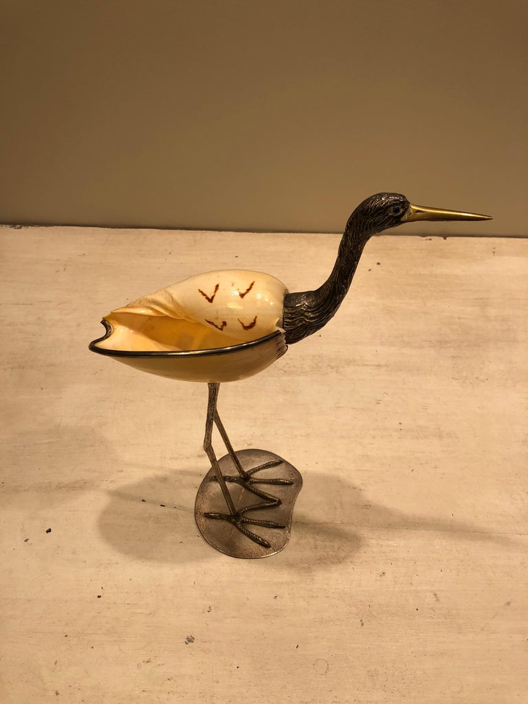 Gabriella Binazzi 1970s Silver Plated Handcrafted Bird with Seashell ...