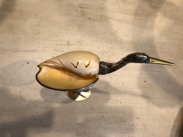 Gabriella Binazzi 1970s Silver Plated Handcrafted Bird with Seashell ...