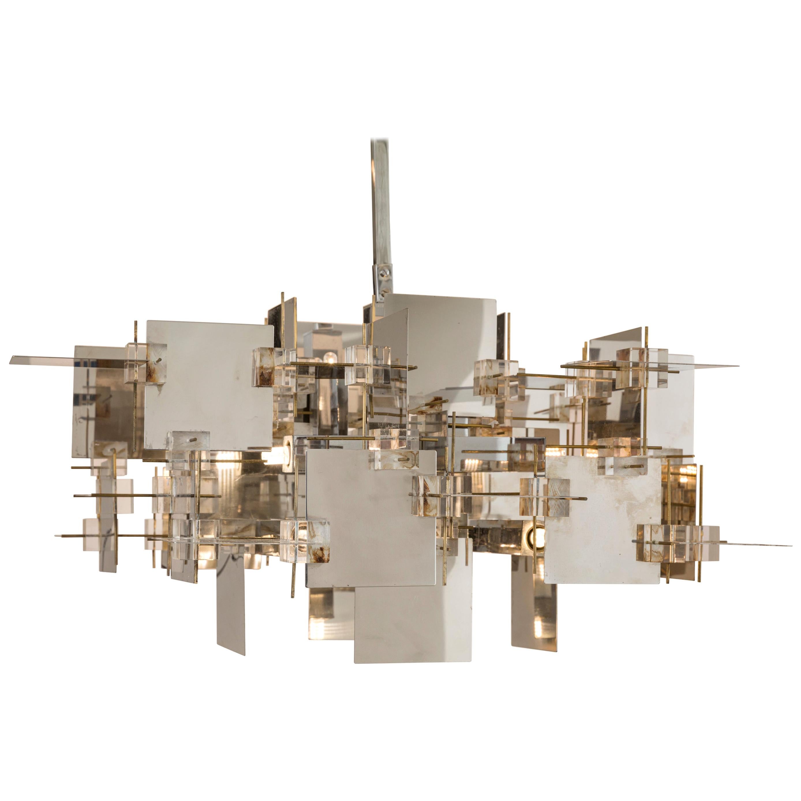 Gaetano Sciolari Chrome Panel and Lucite Cube Geometric Chandelier ...