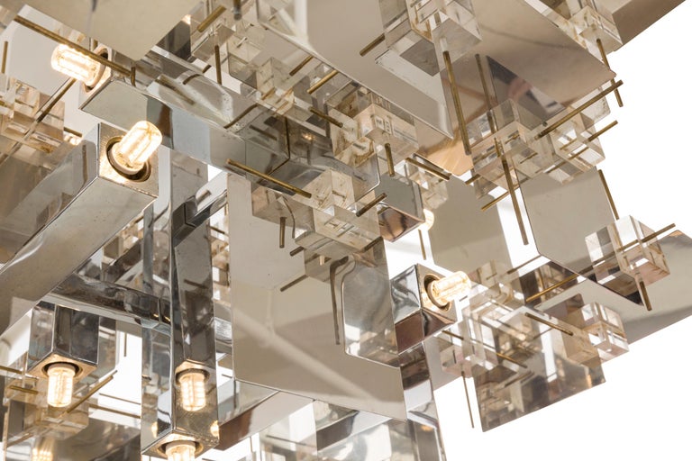 Gaetano Sciolari Chrome Panel and Lucite Cube Geometric Chandelier ...
