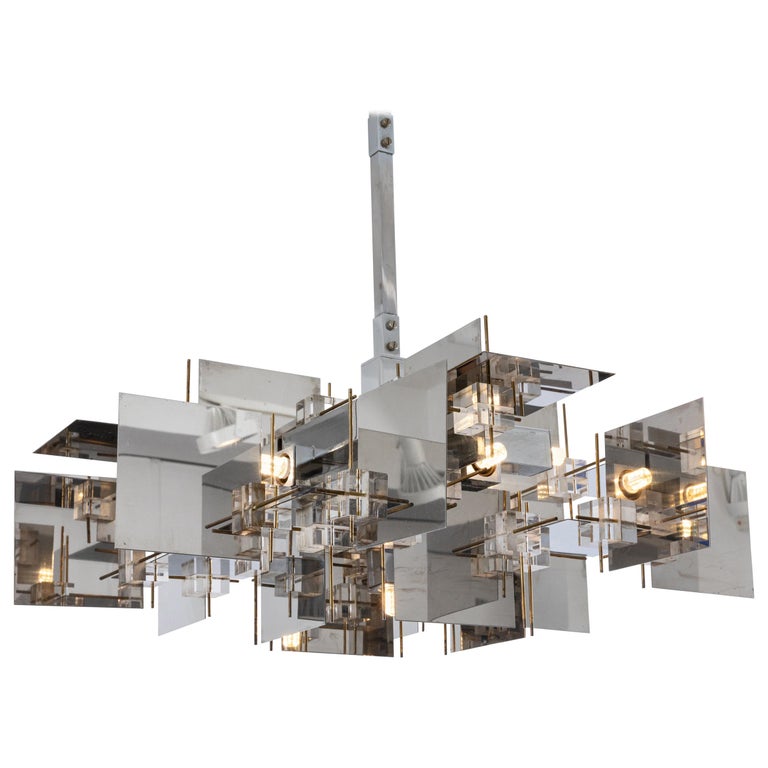 Gaetano Sciolari Geometric Chrome Panel and Lucite Cube Chandelier ...