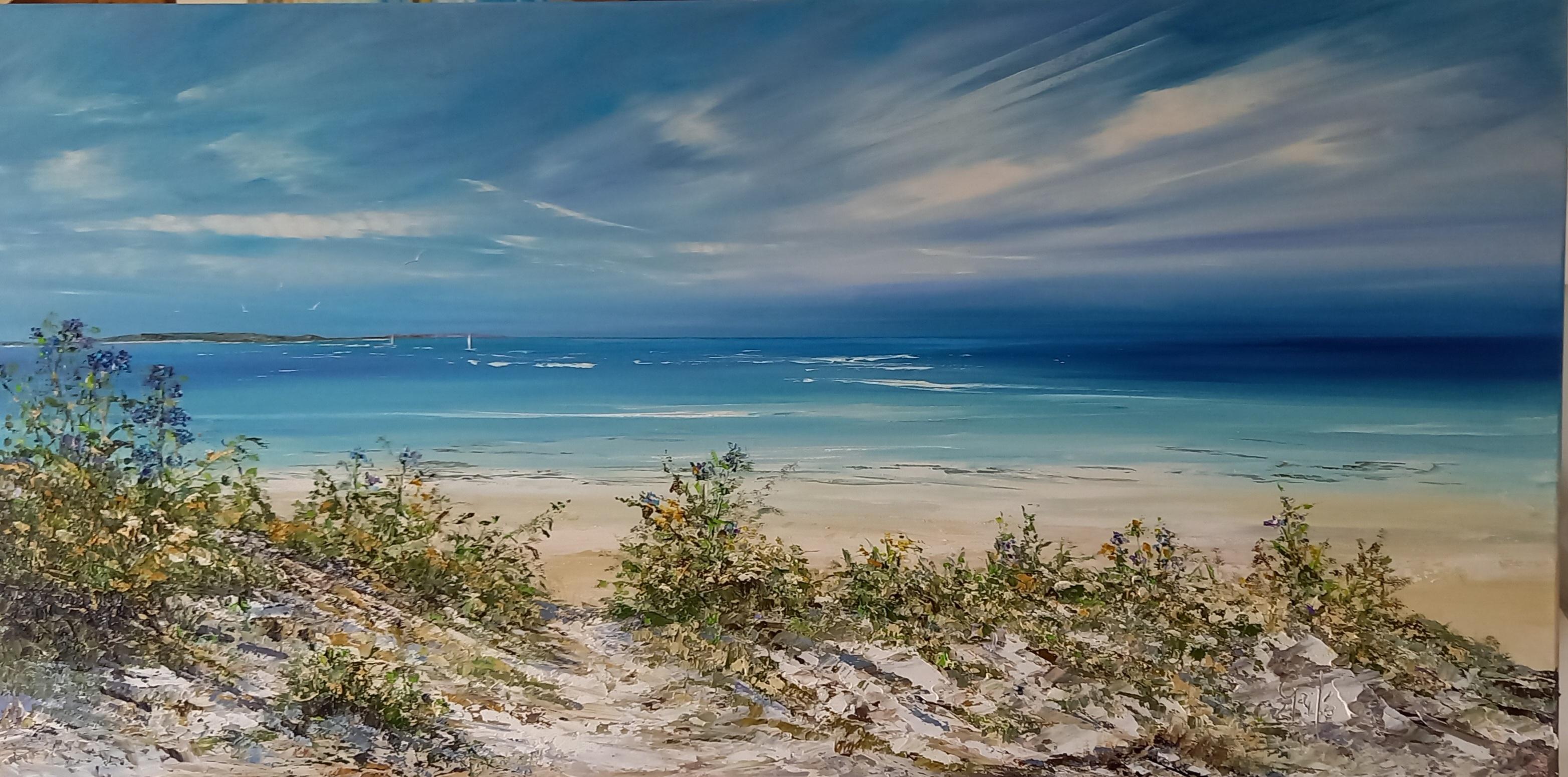 Gail Morris - A través del Agapanthus- paisaje marino de playa mar azul figurativo realista en ...