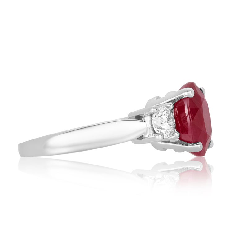 GAL Certified 3.70 Carat Oval Ruby Diamond Three Stone Ring 14 Karat White Gold For Sale at 1stDibs