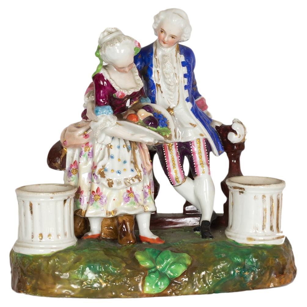 Gallant Scene Meissen Porcelain Inkwell, 19th Century For Sale at 1stDibs