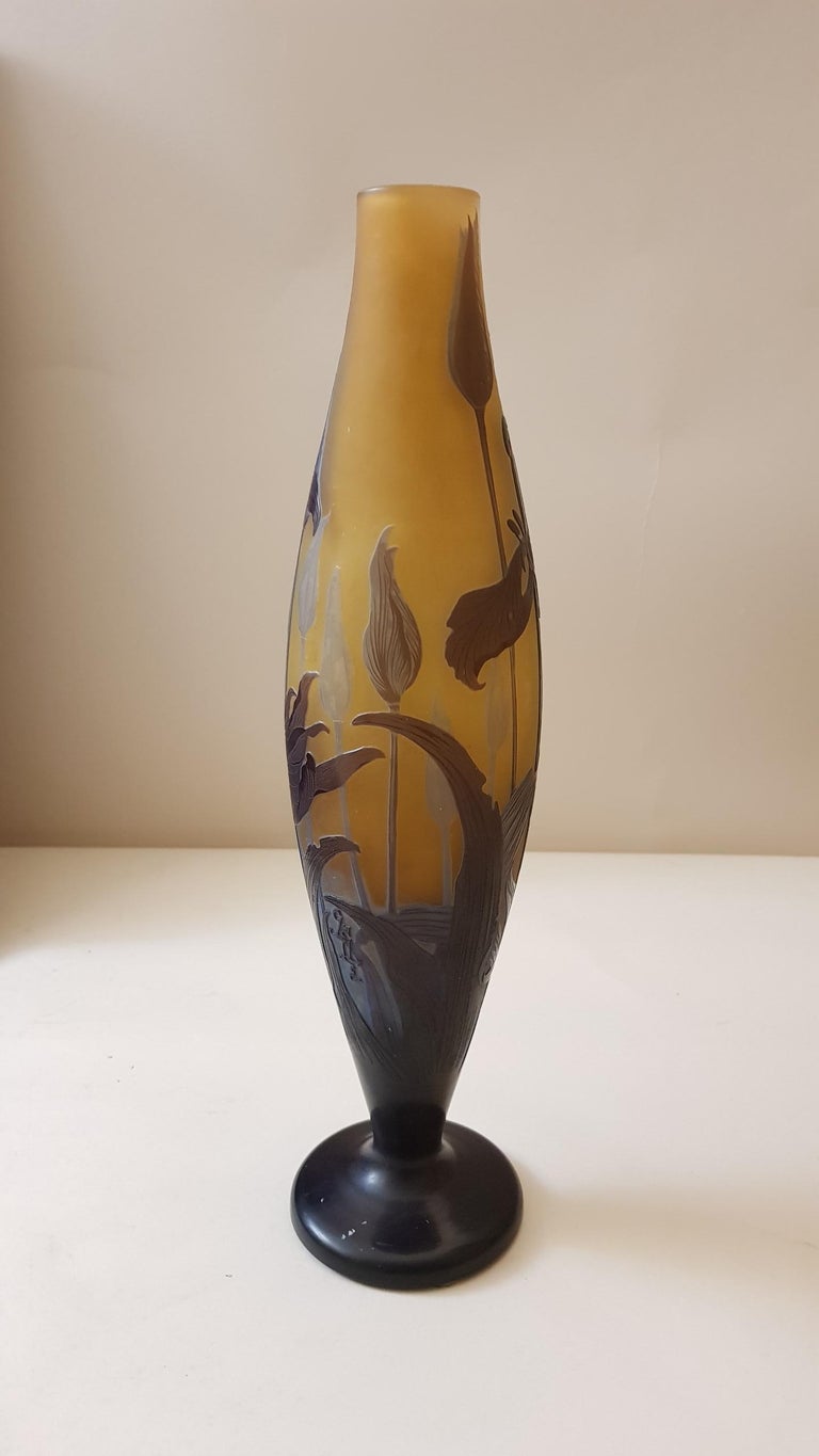 Gallé Art Nouveau Yellow Violet Flower Multilayer Glass, 1925s at 1stDibs