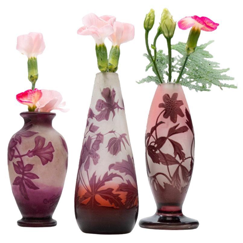 Legras and Gallé Signed, Set of Large Acid Etched Enameled Glass Vases ...