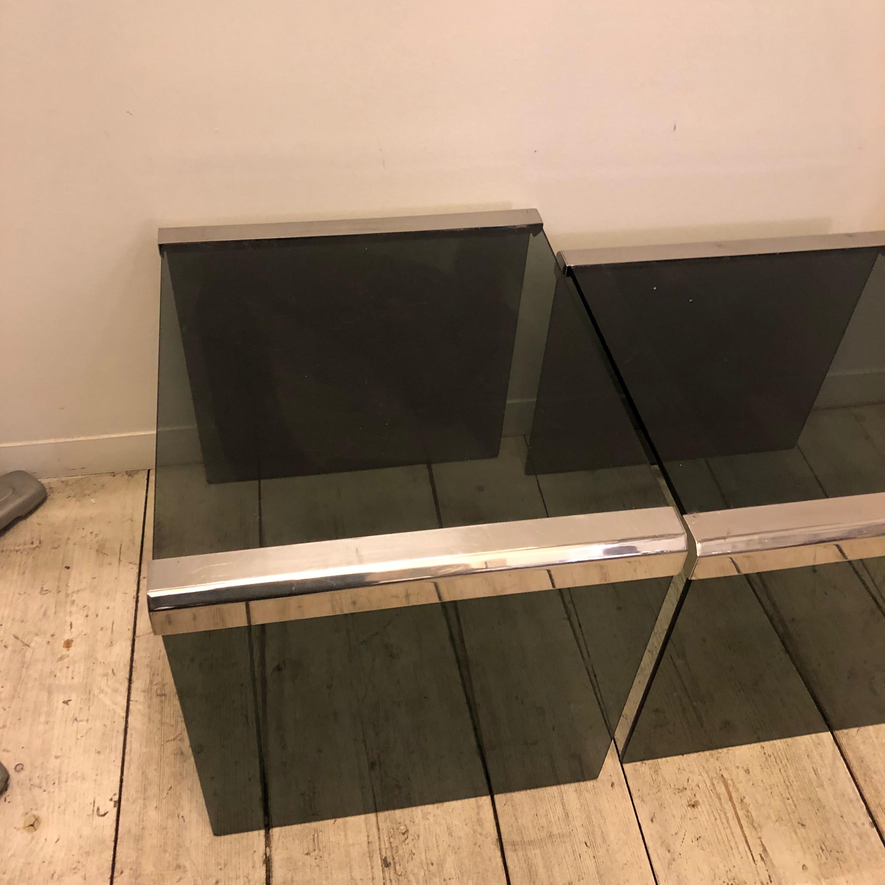 Gallotti and Radice Set of Two Italian Steel and Smoked Glass Side ...