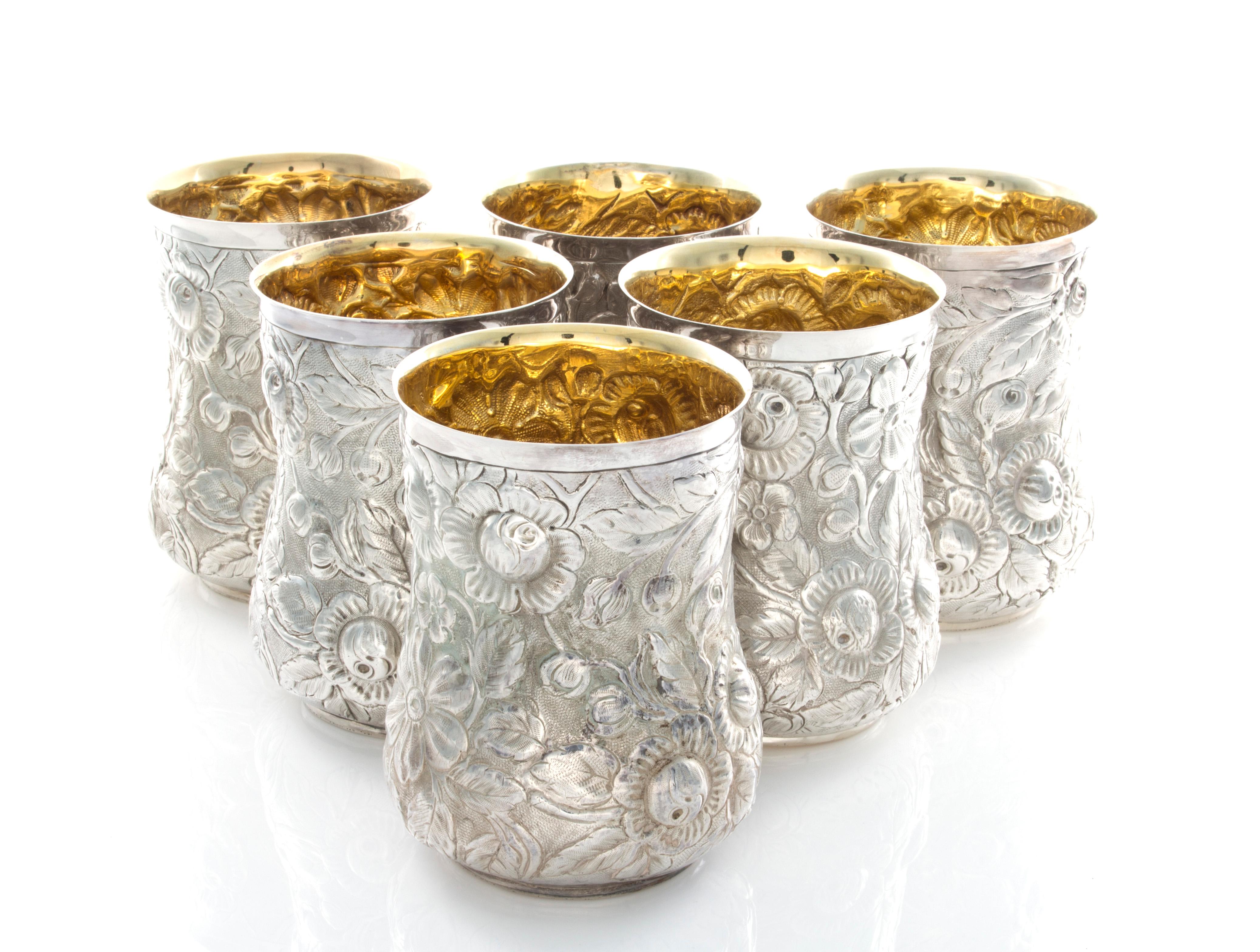 Galmer Sterling Mint Juleps in a Repoussé Pattern "Flowers" with a Gold ...