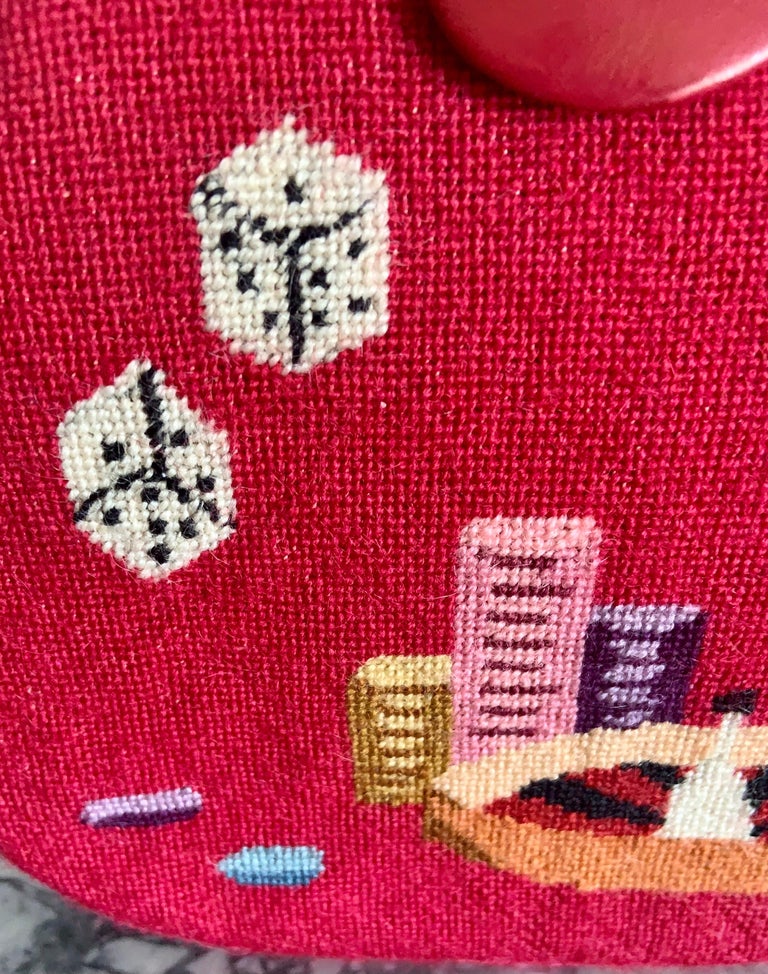 Gambling Theme Diminutive Red Needlepoint and Leather Handbag at 1stDibs