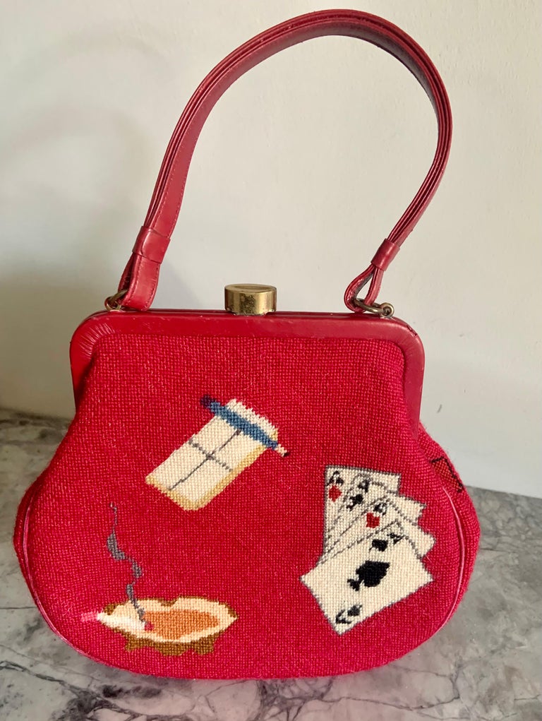 Gambling Theme Diminutive Red Needlepoint and Leather Handbag at 1stDibs