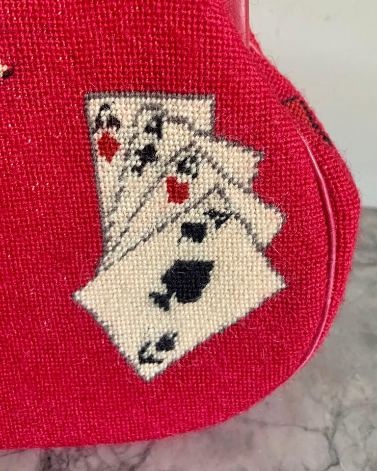 Gambling Theme Diminutive Red Needlepoint and Leather Handbag at 1stDibs
