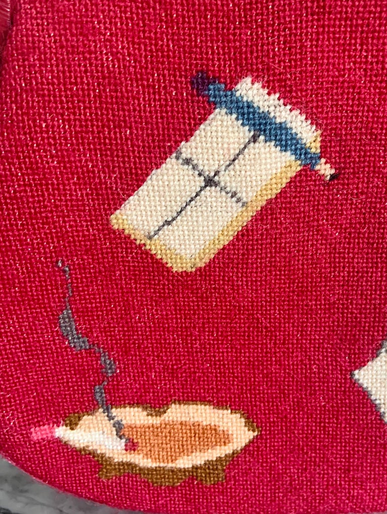 Gambling Theme Diminutive Red Needlepoint and Leather Handbag at 1stDibs