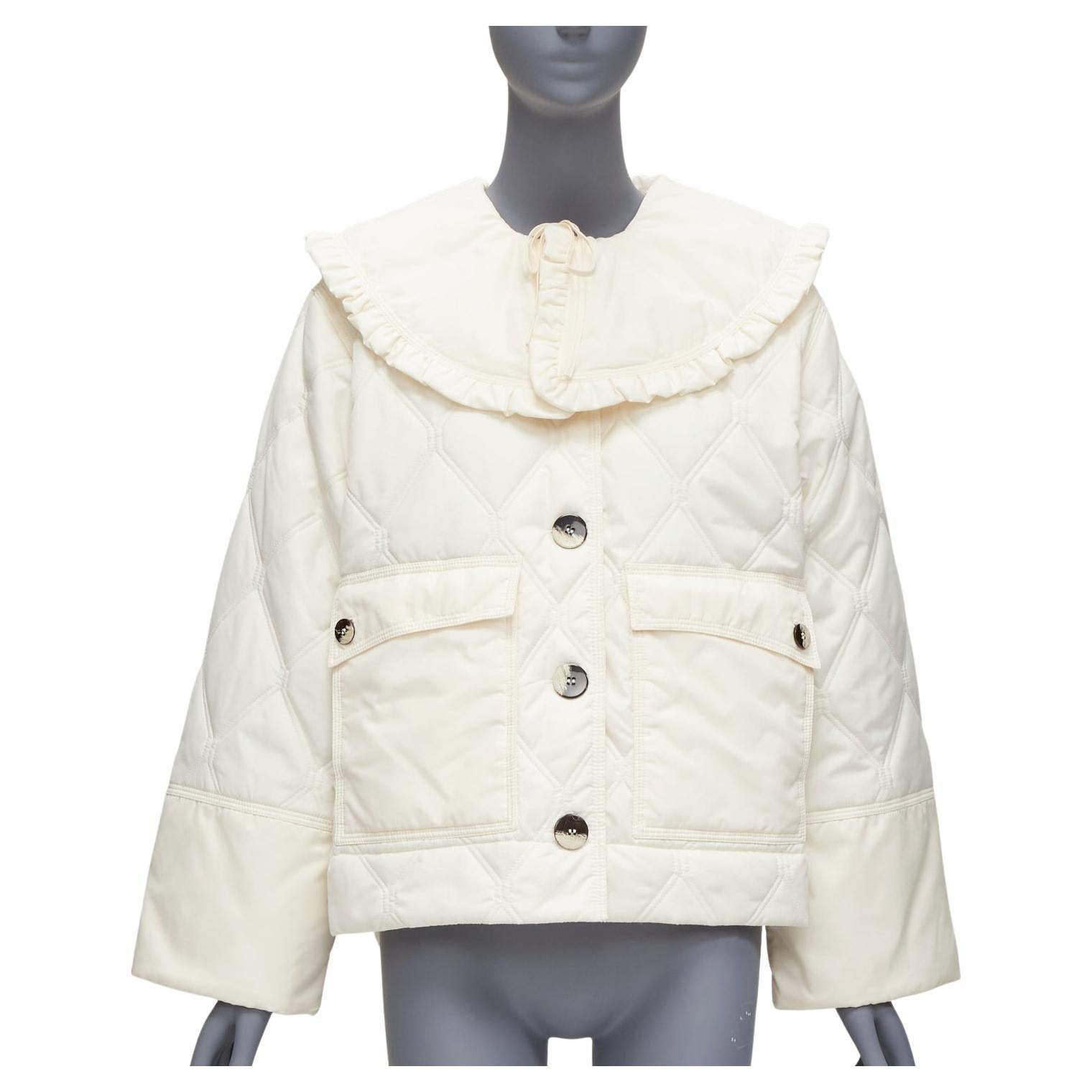 GANNI 2022 diamond padded bicolor buttons ruffle collar puffer jacket ...