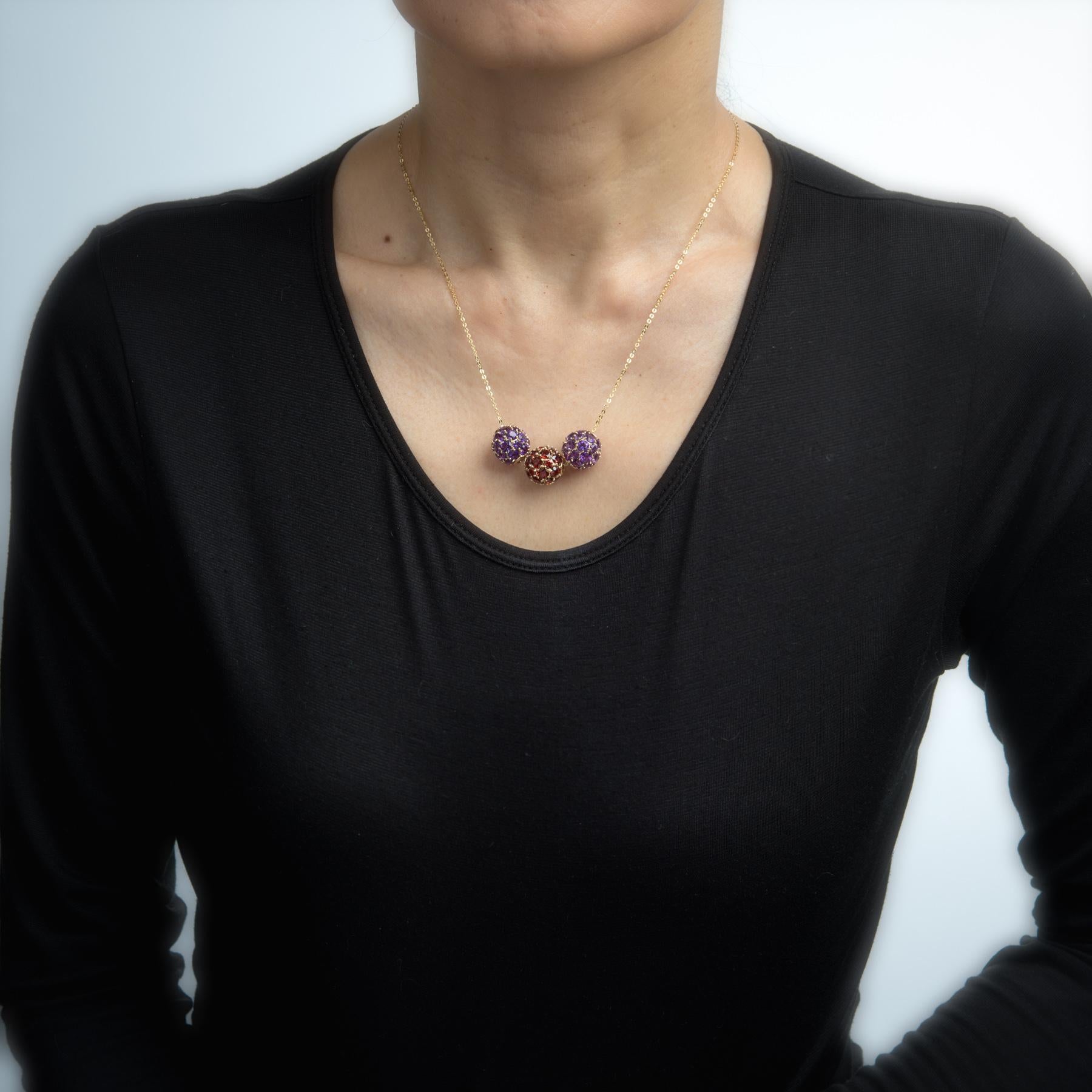 Garnet Amethyst 3 Orb Slide Necklace 14 Karat Yellow Gold Ball Estate ...