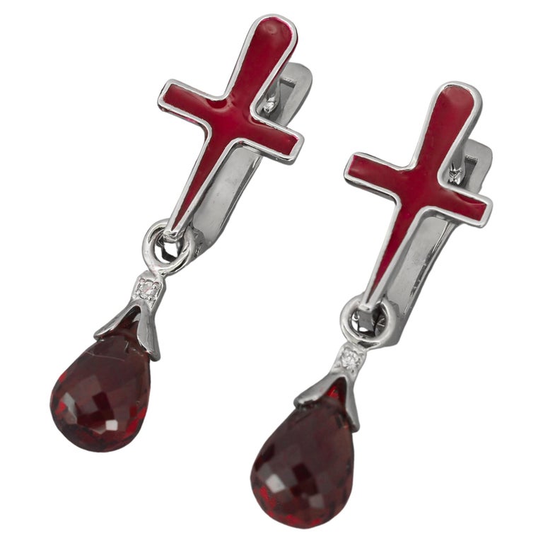Garnet Cross Earrings in 14k Gold, Red Cross Enamel Earrings with ...