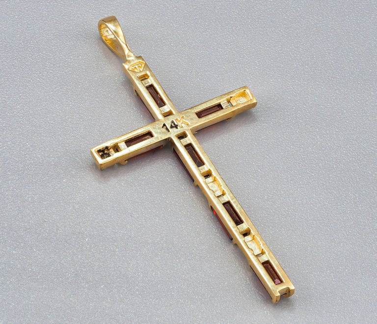 Garnet Cross Pendant in 14k Gold, Baguette Garnet Cross For Sale at 1stDibs