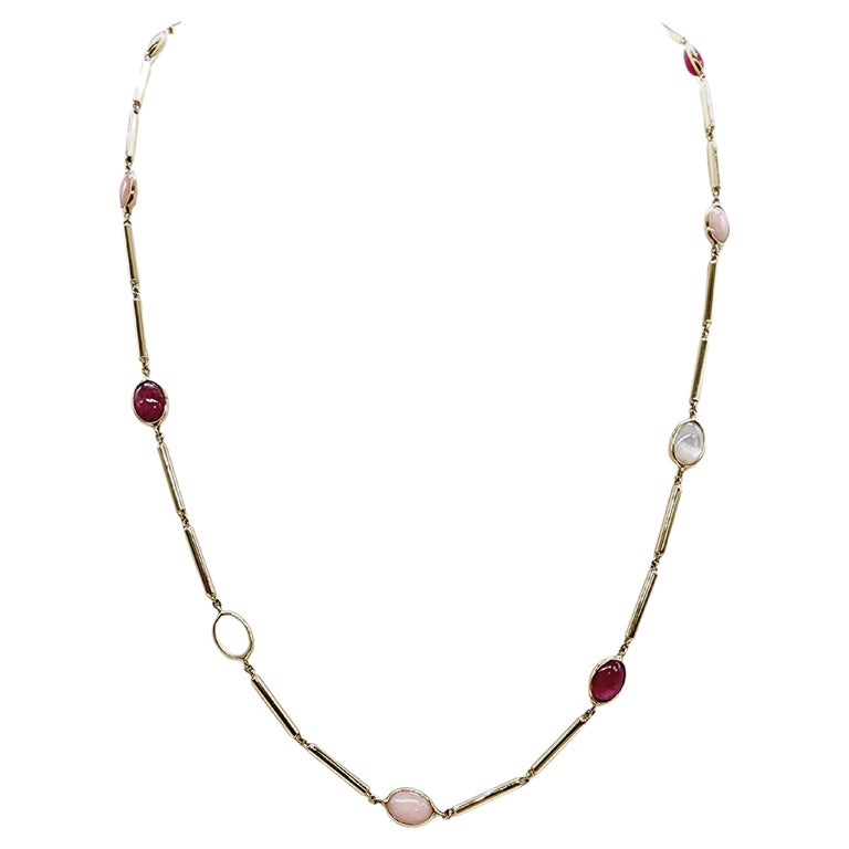 Garnet Mother of Pearl 14k Yellow Gold Link Chain Necklace For Sale at ...