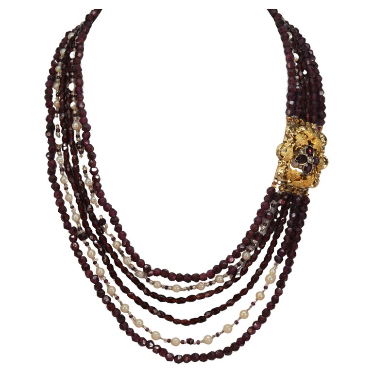 Garnet Pearl Multi Strand Necklace with Fancy Antique Jeweled Yellow ...
