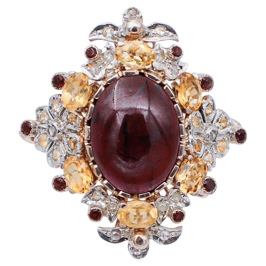 Gold Silver Diamond Garnet Coral Cocktail Ring For Sale at 1stDibs