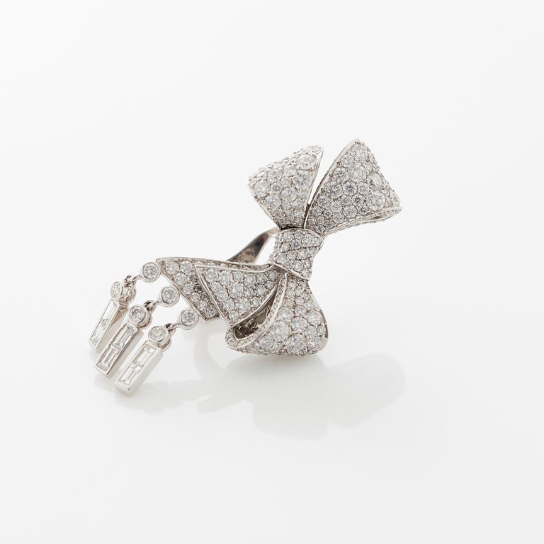 Garrard 'Bow' 18 Karat White Gold Round and Emerald Cut White Diamond ...