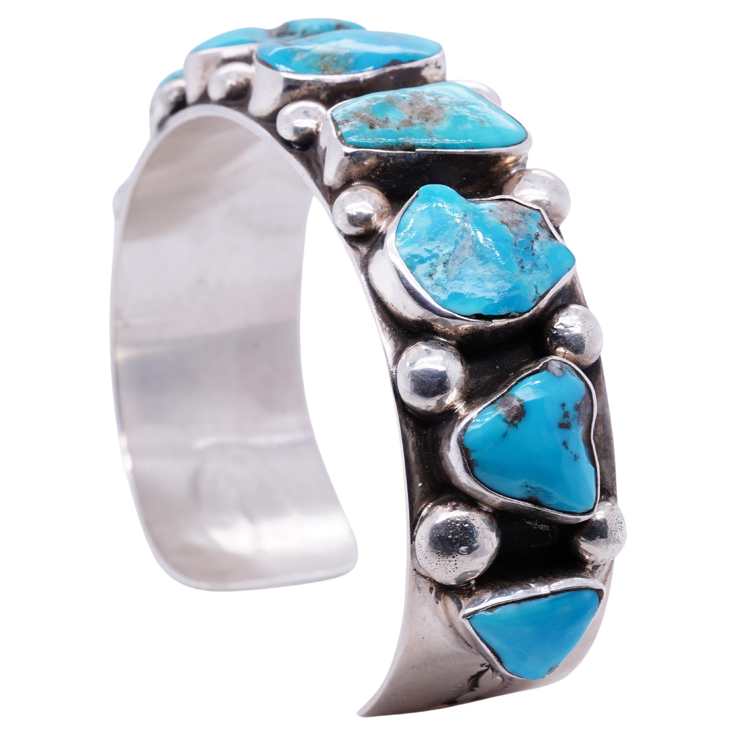 Pat Platero HUGE Navajo Sterling Silver Turquoise Cluster Cuff Bracelet ...