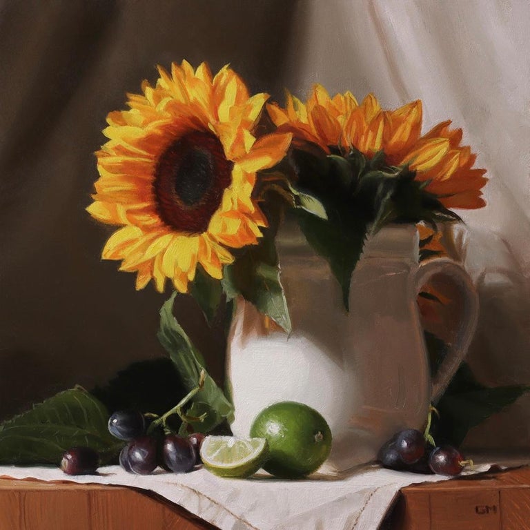 Garry Morrow - Sunflowers in a White Jug with a Lime For Sale at 1stDibs