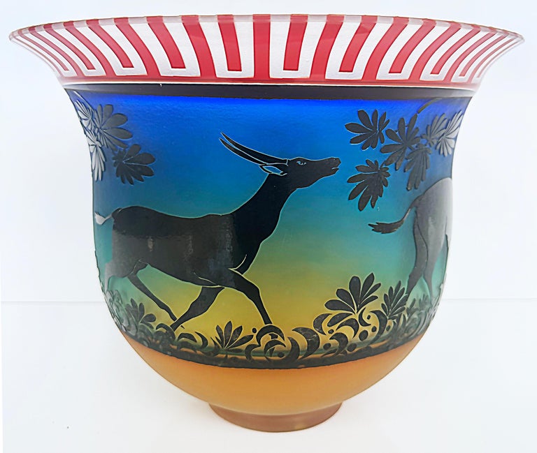 Gary Genetti Blown Cameo Glass Antelope Vase, Etched Overlay, 2008 For ...